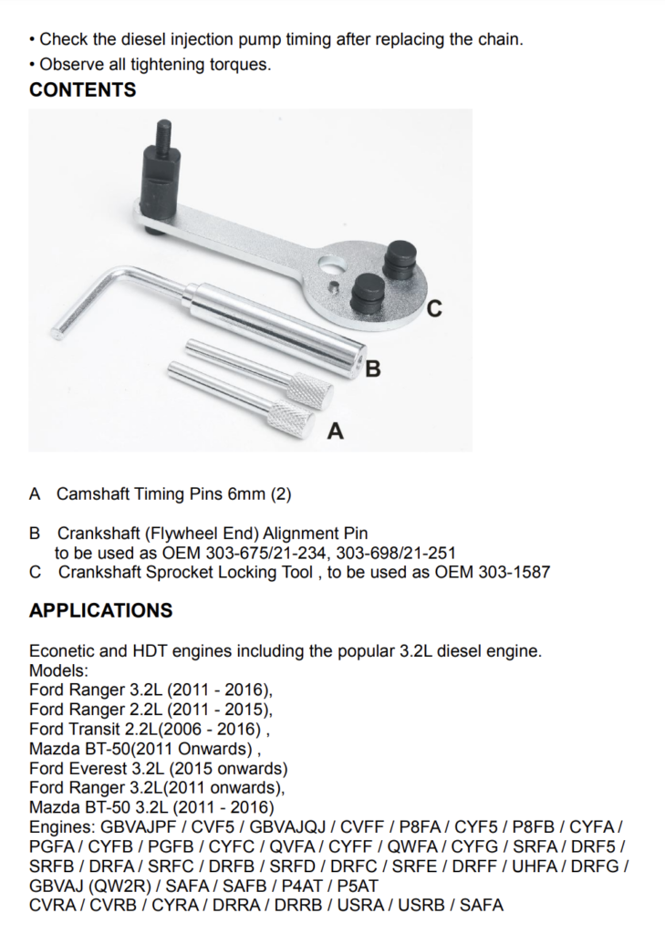 Ford Timing Tool Set 2.2 / 3.2 TDCi Chain Driven Transit Ranger - FJW ...